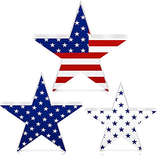 Jetec 3 Pieces 4th of July Wooden Star Signs Patriotic Wooden Star Patriotic Star Freestanding Table Signs Decoration for Independence Day Home Decoration Holiday (Simple Style)