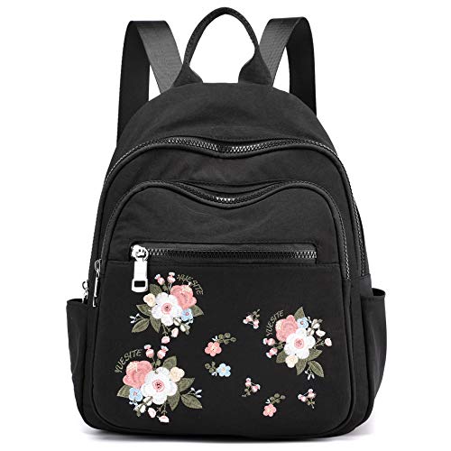 Gazigo Small Backpacks for women,Mini Nylon Bookbag Purse Casual Lightweight Embroidery Daypack (1688 flower Black)