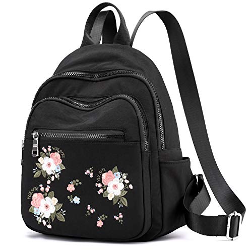 Gazigo Small Backpacks for women,Mini Nylon Bookbag Purse Casual Lightweight Embroidery Daypack (1688 flower Black)