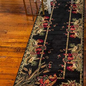 Unique Loom Barnyard Collection French Country Inspired Cottage Rooster Design Area Rug (2' 0 x 8' 0 Runner, Black/Ivory)