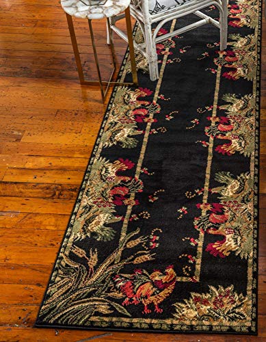 Unique Loom Barnyard Collection French Country Inspired Cottage Rooster Design Area Rug (2' 0 x 8' 0 Runner, Black/Ivory)