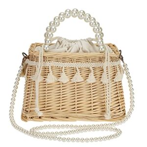 so’each women’s handmade rattan wicker lace woven artificial pearl shoulder bag