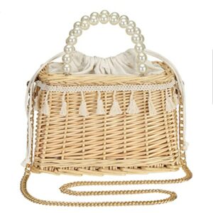 So'each Women's Handmade Rattan Wicker Lace Woven Artificial Pearl Shoulder Bag