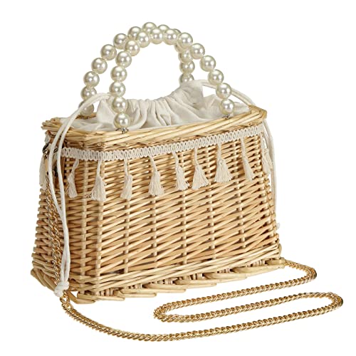 So'each Women's Handmade Rattan Wicker Lace Woven Artificial Pearl Shoulder Bag