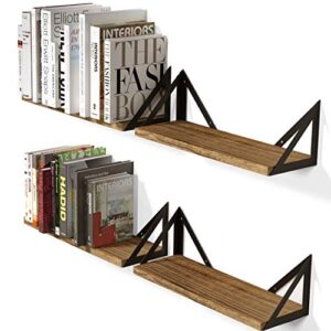 wallniture minori floating shelves set of 4, small bookshelf unit for bedroom, office, bathroom, and living room, natural burned rustic wood wall decor with metal floating shelf bracket