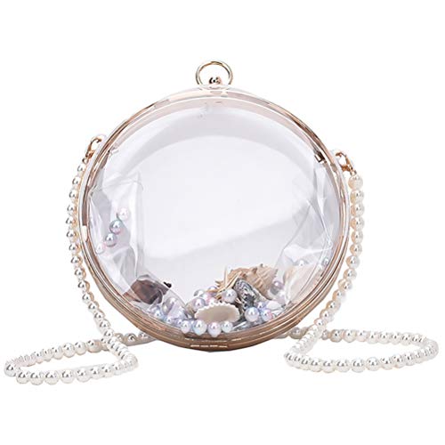 TENDYCOCO Crossbody Bag Clear Acrylic Clutch Transparent Evening Bag Round with Imitation Pearl Chain Strap for Women