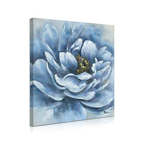 Yidepot Blue Flowers Wall Decor: Peony Wall Art Blue Flower Blossom Floral Pictures Wall Decor Canvas Floral Wall Art Wall Pictures for Living Room Blue with Frame and Easy to Hang (12"x12"x1 Panel)