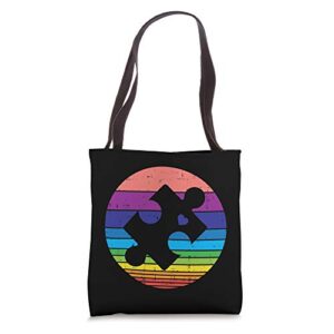 retro puzzle heart autism awareness men women kids teacher tote bag