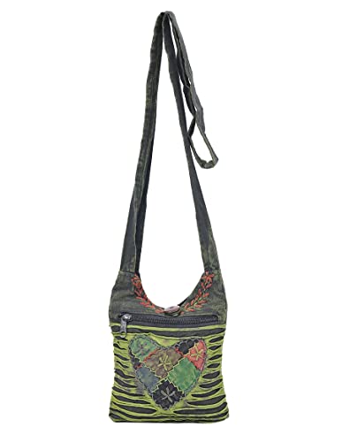 THE COLLECTION ROYAL Dip Dye Cotton Sling Crossbody Shoulder Applique Mini Hobo Bag Green Heart