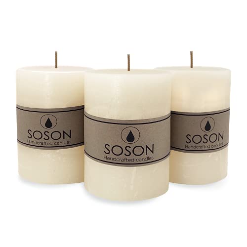 Simply Soson 3x4 Ivory Rustic Pillar Candles Bulk, Dripless Clean Long Burning Candles, Large Decorative Candles, Unscented Candles for Wedding, Rustic Home Decor, Dinner and Parties–Pack of 3