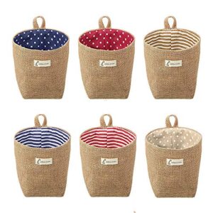 miao jin 6pcs mini hanging storage bag, cotton linen wall-hanging storage basket desktop storage collapsible decor bin bag for wall door closet (stripe,dot)