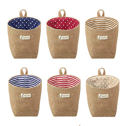 MIAO JIN 6Pcs Mini Hanging Storage Bag, Cotton Linen Wall-Hanging Storage Basket Desktop Storage Collapsible Decor Bin Bag for Wall Door Closet (Stripe,Dot)