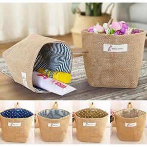 MIAO JIN 6Pcs Mini Hanging Storage Bag, Cotton Linen Wall-Hanging Storage Basket Desktop Storage Collapsible Decor Bin Bag for Wall Door Closet (Stripe,Dot)