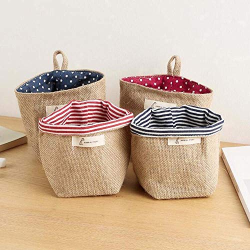 MIAO JIN 6Pcs Mini Hanging Storage Bag, Cotton Linen Wall-Hanging Storage Basket Desktop Storage Collapsible Decor Bin Bag for Wall Door Closet (Stripe,Dot)