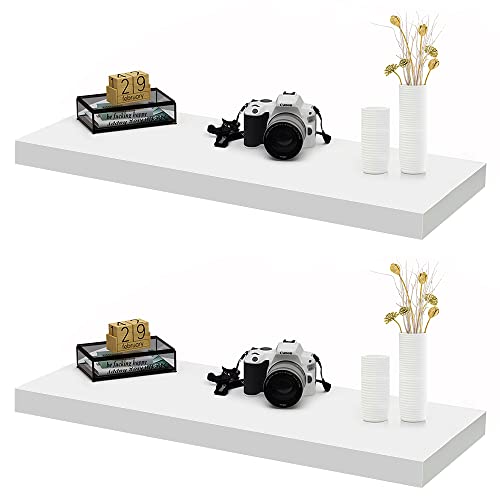 RANK Floating Shelves 2 Pack Modern Display Wall Shelf for Bedroom, Bathroom, Living Room and Kitchen, Deeper Than Others (White, 35.5" L x 11.5" D x2 T)