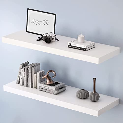 RANK Floating Shelves 2 Pack Modern Display Wall Shelf for Bedroom, Bathroom, Living Room and Kitchen, Deeper Than Others (White, 35.5" L x 11.5" D x2 T)