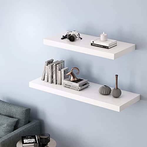 RANK Floating Shelves 2 Pack Modern Display Wall Shelf for Bedroom, Bathroom, Living Room and Kitchen, Deeper Than Others (White, 35.5" L x 11.5" D x2 T)