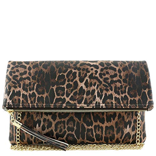 FashionPuzzle Tassel Accent Flapover Clutch Purse with Chain Strap (Leopard Brown)