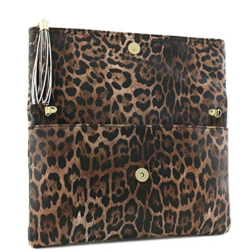 FashionPuzzle Tassel Accent Flapover Clutch Purse with Chain Strap (Leopard Brown)