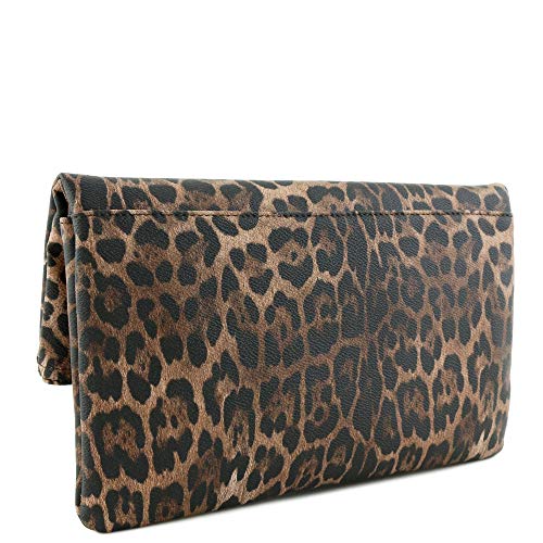 FashionPuzzle Tassel Accent Flapover Clutch Purse with Chain Strap (Leopard Brown)