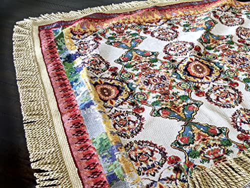 Tache Elegant Ornate Ivory Colorful Paisley Square Tapestry Table Cloth with Tassels, 35x35