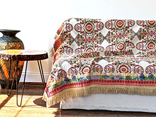 Tache Elegant Ornate Ivory Colorful Paisley Square Tapestry Table Cloth with Tassels, 35x35