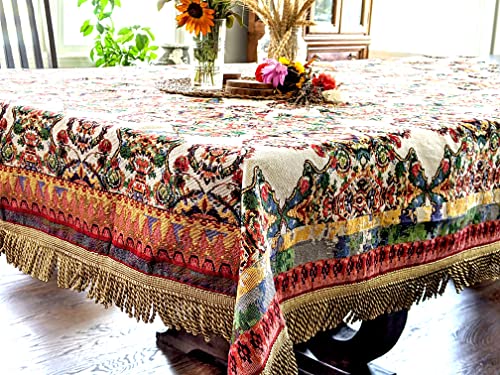 Tache Elegant Ornate Ivory Colorful Paisley Square Tapestry Table Cloth with Tassels, 35x35