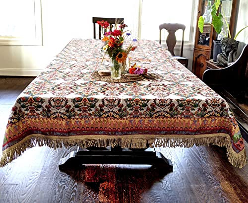 Tache Elegant Ornate Ivory Colorful Paisley Square Tapestry Table Cloth with Tassels, 35x35