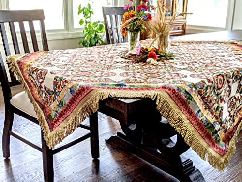 Tache Elegant Ornate Ivory Colorful Paisley Square Tapestry Table Cloth with Tassels, 35x35