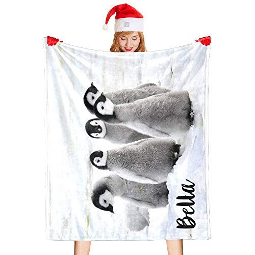 CUXWEOT Custom Blanket with Name Personalized Penguin Soft Fleece Throw Blanket for Gifts (50 X 60 inches)