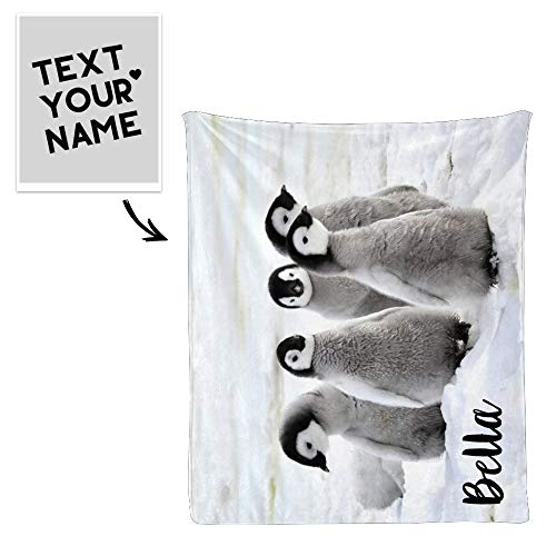 CUXWEOT Custom Blanket with Name Personalized Penguin Soft Fleece Throw Blanket for Gifts (50 X 60 inches)