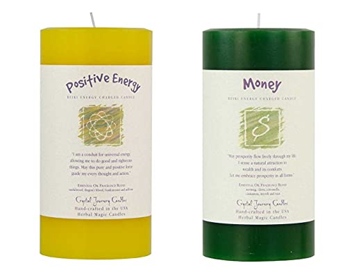 6" x 3" Crystal Journey Reiki Charged Herbal Pillar Candle Bundle (Positive Energy, Money) - Handcrafted with Lead-Free Materials