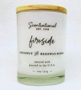 natural coconut wax blend candle fireside (in cursive) fragrance in white jar with wooden lid