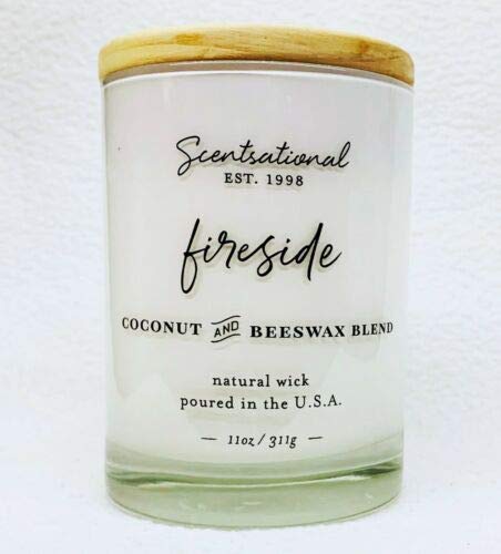 Natural Coconut Wax Blend Candle Fireside (in Cursive) Fragrance in White Jar with Wooden Lid