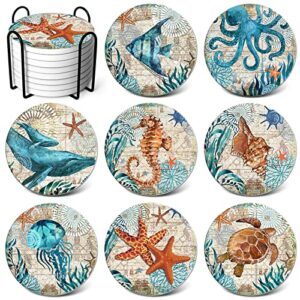 absorbent coasters stone coaster set of 8, cork base, with holder, raypard beach theme sea life coastal coasters for housewarming apartment kitchen room bar decor ,ocean life(black holder)