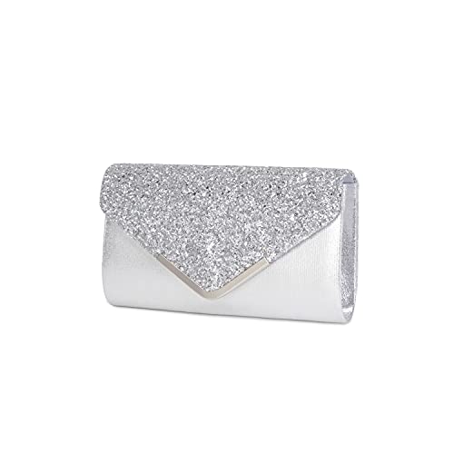 LAM GALLERY Sparkling Evening Clutch Handbag Bling Wedding Bride Purse Glitter Chain Shoulder Crossbody Bag - Silver