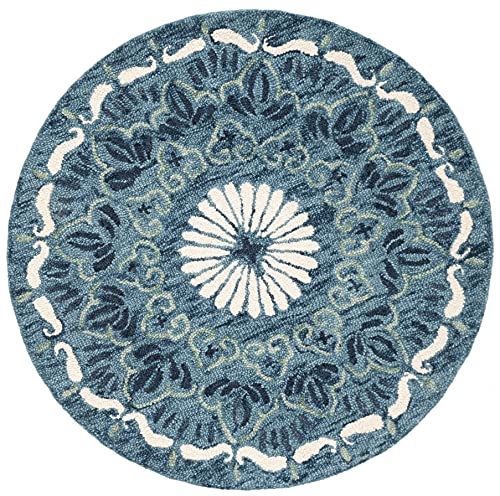 Safavieh Novelty Collection 3' Round Blue/Ivory NOV602M Handmade Boho Premium Wool Entryway Foyer Living Room Bedroom Kitchen Area Rug