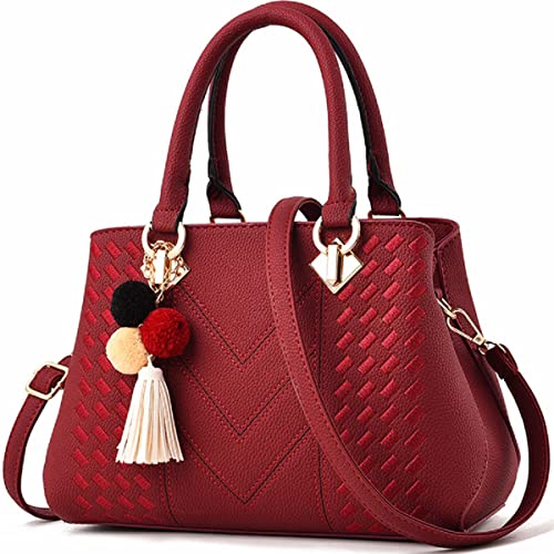 YOUNXSL Womens Leather Handbags Purses Top-handle Totes Satchel Shoulder Bag for Ladies with Pompon and Tassel Wine