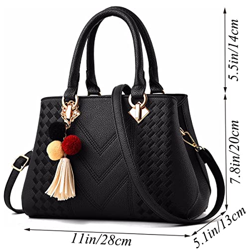 YOUNXSL Womens Leather Handbags Purses Top-handle Totes Satchel Shoulder Bag for Ladies with Pompon and Tassel Wine