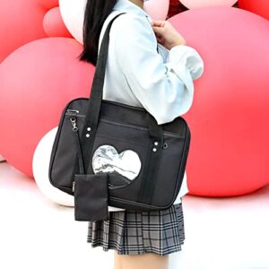 STEAMEDBUN Kawaii Ita Bag Japanese School Bag Cute Tote Bag Large Shoulder Anime Heart Purse(Black)