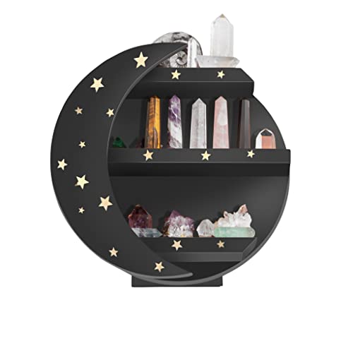 MMOBILITY CHAMAMA Black Moon Shelf with Stars, Wiccan Decor, Moon Shaped Shelf for Crystals, Moon Decor, Wooden Moon Shelf, Bathroom Decor, Crystal Shelf (Early American)