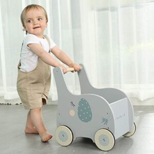 Grey Elephant-2-in-1 Baby Learning Walker Wooden Strollers - Toddler Baby Push Walker Toys with Wheels for Girls Boys 1-3 Years Old, Wagon Toy Walkers Sturdy Construction