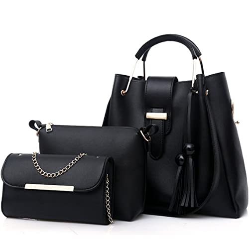 Poopy 3-pc Purses and Handbags for Women Fashion Ladies PU Leather Top Handle Satchel Shoulder Tote Bags (black)