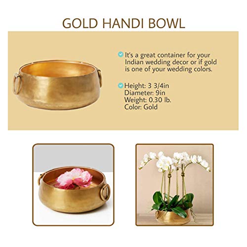 Serene Spaces Living Decorative Gold Iron Handi Bowl, Large Centerpiece Bowl - Traditional Indian Style Urli Bowl for Home, Diwali, Pooja, Potpourri, Measures 3.75" Tall & 9" Diameter