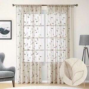 homeideas taupe sheer curtains 52 x 84 inches long 2 panels beige embroidered leaf pattern pocket faux linen floral semi sheer voile window curtains/drapes for bedroom living room