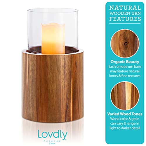 Lovdly Cremation Urn for Human Ashes, Large-Medium Keepsake Urns for Adult & Pet Ashes, Decorative Urn Made from Premium Wooden Base with Glass Top & Flameless LED