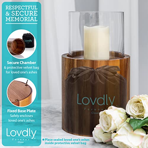 Lovdly Cremation Urn for Human Ashes, Large-Medium Keepsake Urns for Adult & Pet Ashes, Decorative Urn Made from Premium Wooden Base with Glass Top & Flameless LED