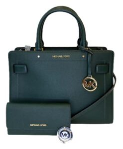 michael kors michael michael kors rayne md ew satchel bundled with trifold wallet purse hook (racing green)