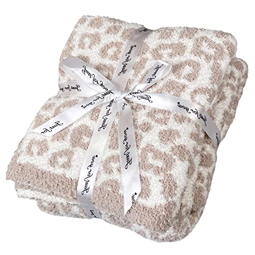 Soft Fuzzy Fluffy Leopard Knit Throw Blanket, Cozy Plush Reversible Blanket Cheetah Blanket for Couch Sofa Bed, Stone/Cream