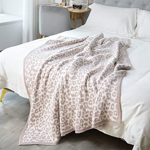 Soft Fuzzy Fluffy Leopard Knit Throw Blanket, Cozy Plush Reversible Blanket Cheetah Blanket for Couch Sofa Bed, Stone/Cream